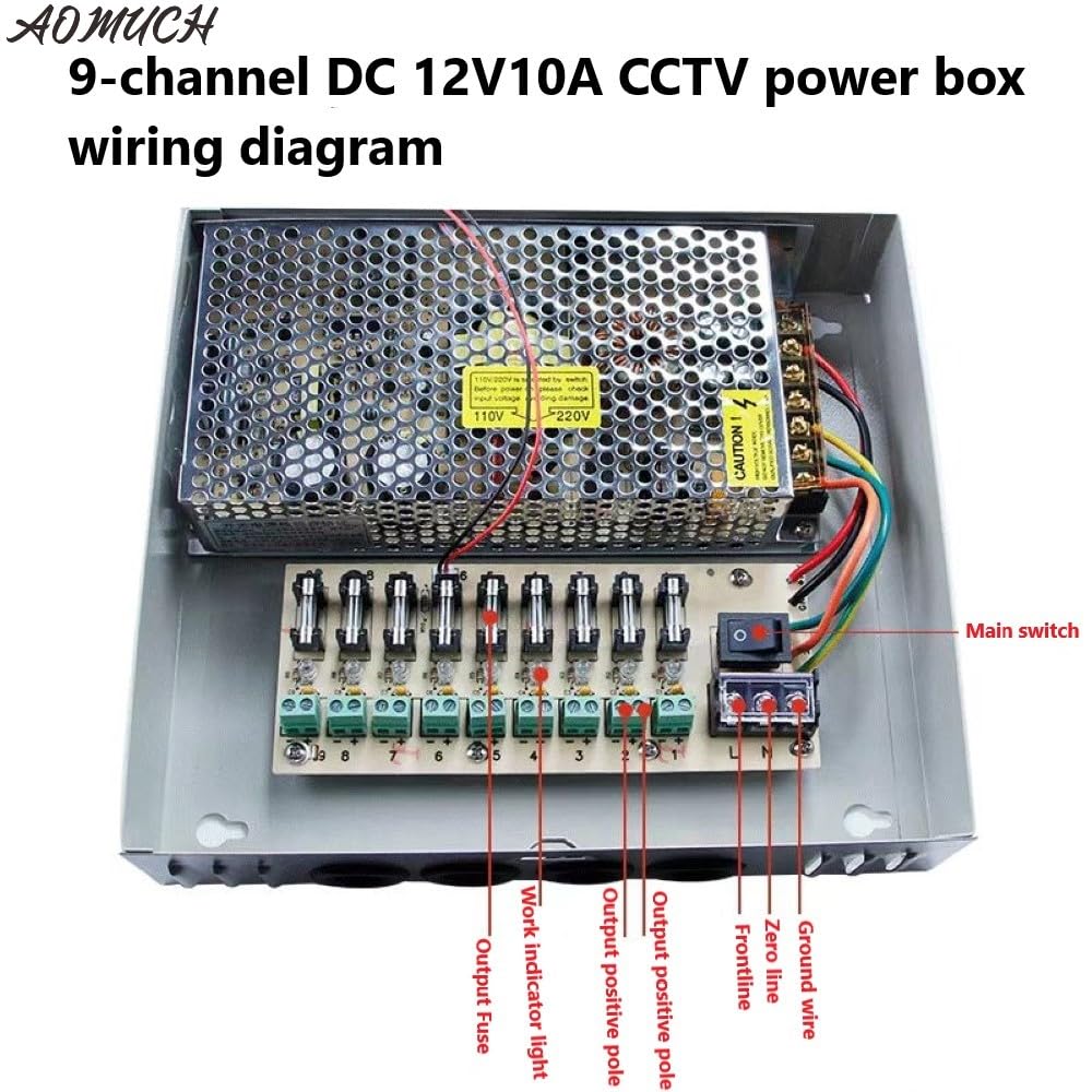 AOMUCH 9 Output Channel CCTV Glass Fuse Distributed Power Supply Box for Security Camera DC 12V 10A w/Key Lock
