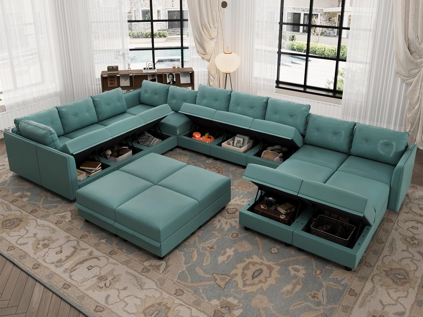LLappuil Oversized Modular Sofa 21 Seater Sectional Couch with Storage, Large Faux Leather Fabric Waterproof U Shaped Sectional Couch for Living Room, Aqua Blue