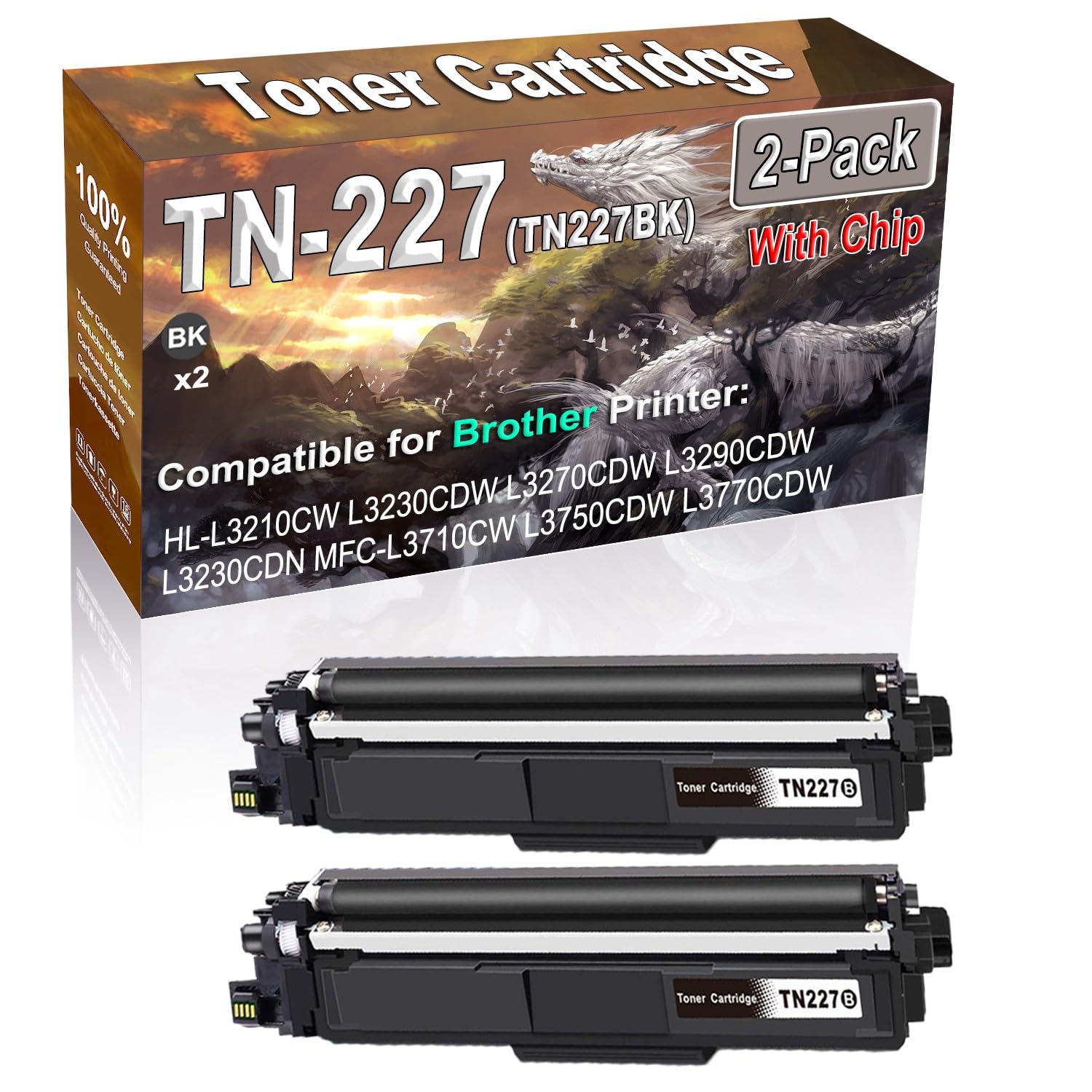 SINIYA 2-Pack (Black) Compatible HL-L3210CW L3230CDW L3270CDW L3290CDW L3230CDN MFC-L3710CW Color Toner Cartridge (High Capacity) Replacement for TN-227 TN227 (TN-227BK) (with Chip) Toner Cartridge