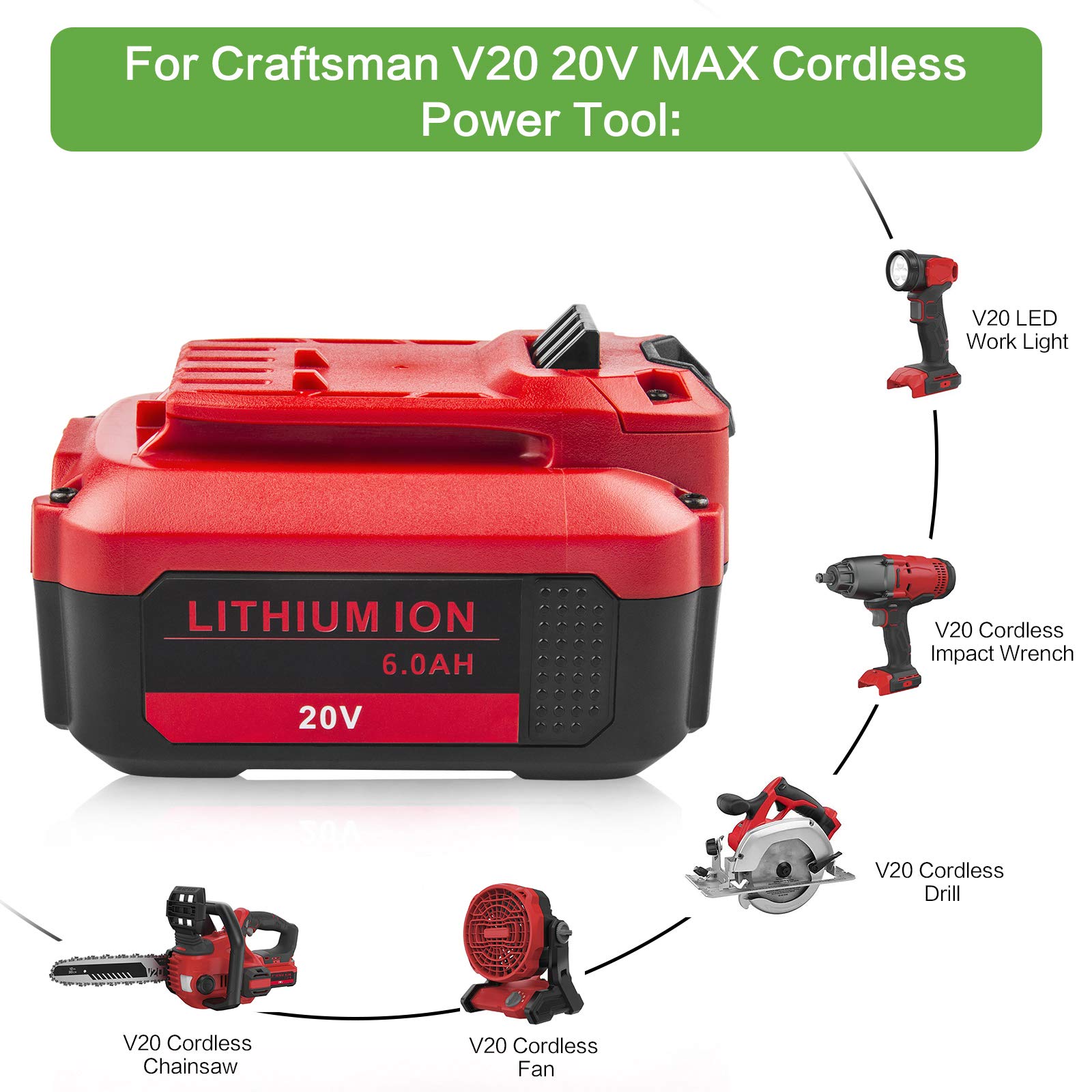 ARyee 6000mAh 20V Battery Replacement for Craftsman 20V Lithium Battery CMCB204 CMCB202 CMCB201,fits Craftsman V20 Series 20V Max Cordless Power Tools (1)
