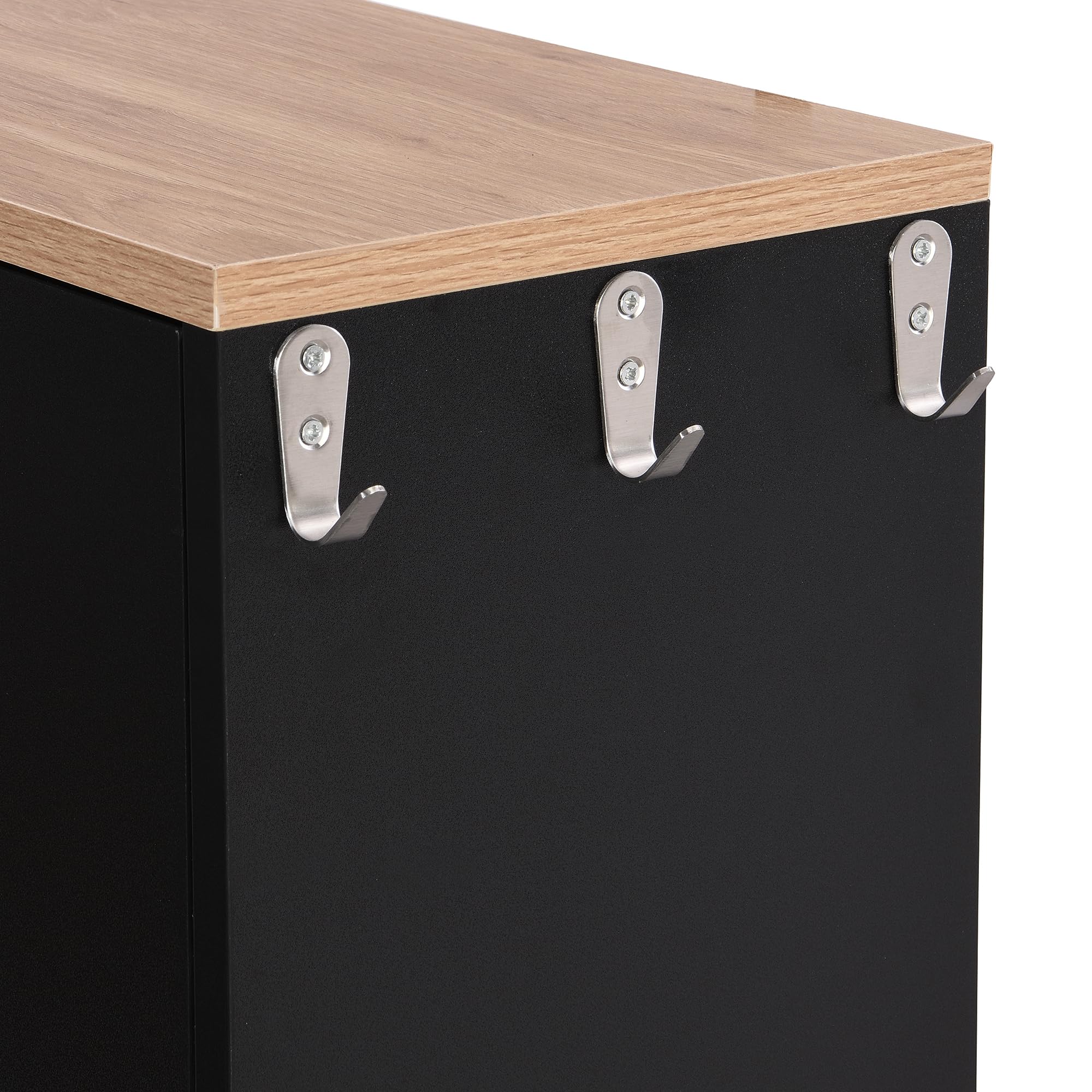 HEPMIMZHU Narrow Shoe Cabinet with 3 Flip Drawers, Wood Grain Pattern Top Entryway Organizer with 3 Hooks, Free Standing Shoe Rack with Adjustable Panel for Hallway (Black)