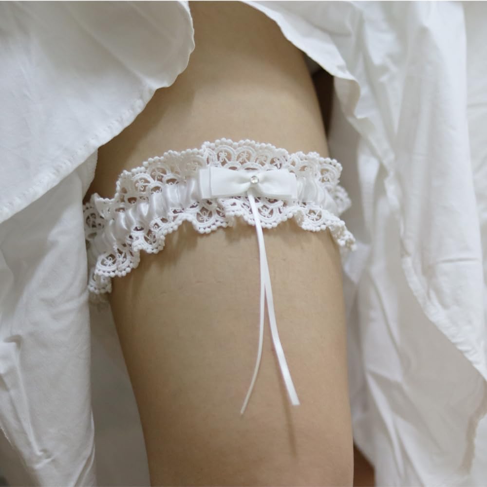 Lace Wedding Garters for Bride with Bow Stretch Prom Leg Garter for Women Girls (White)