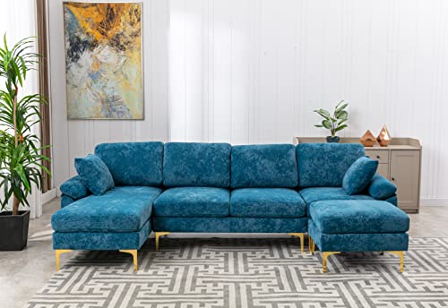 Wekity Sectional Sofa, U-Shaped Modern Fabric Modular Sofa for Living room, Minimalist Sectional Couch with Ottomans (Blue)