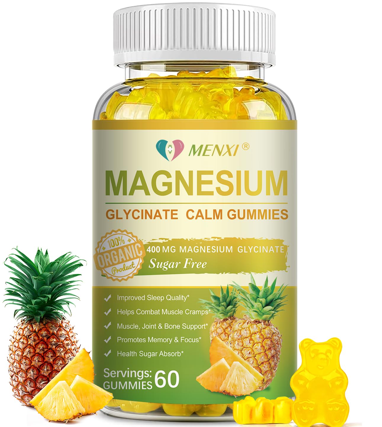 Magnesium Glycinate Gummies 400mg, Sugar Free Magnesium Taurate, Magnesium Malate Supplement with Vitamin D, B6, CoQ10 for Relaxation, Stress Relief, Muscle, Bone & Sleep Support- 60 Pineapple Gummies