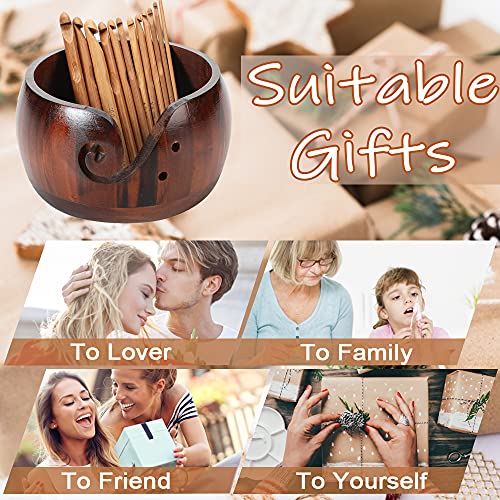 Wood Yarn Storage Bowl, Yarn Bowl for Crocheting with 12 Pieces Bamboo Crochet Hooks, 3.2βx 5.3β, Wooden Yarn Ball Holder for Crocheting Knitting DIY Crafts Tools