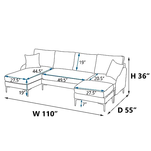 FANYHOME Wide Reversible Left or Right Sectional U-Shape Convertible Sofa 4-Seat Couch with Chaise Lounge Upholstered for Living Room, Apartment, Office, Blue Polyester Blend