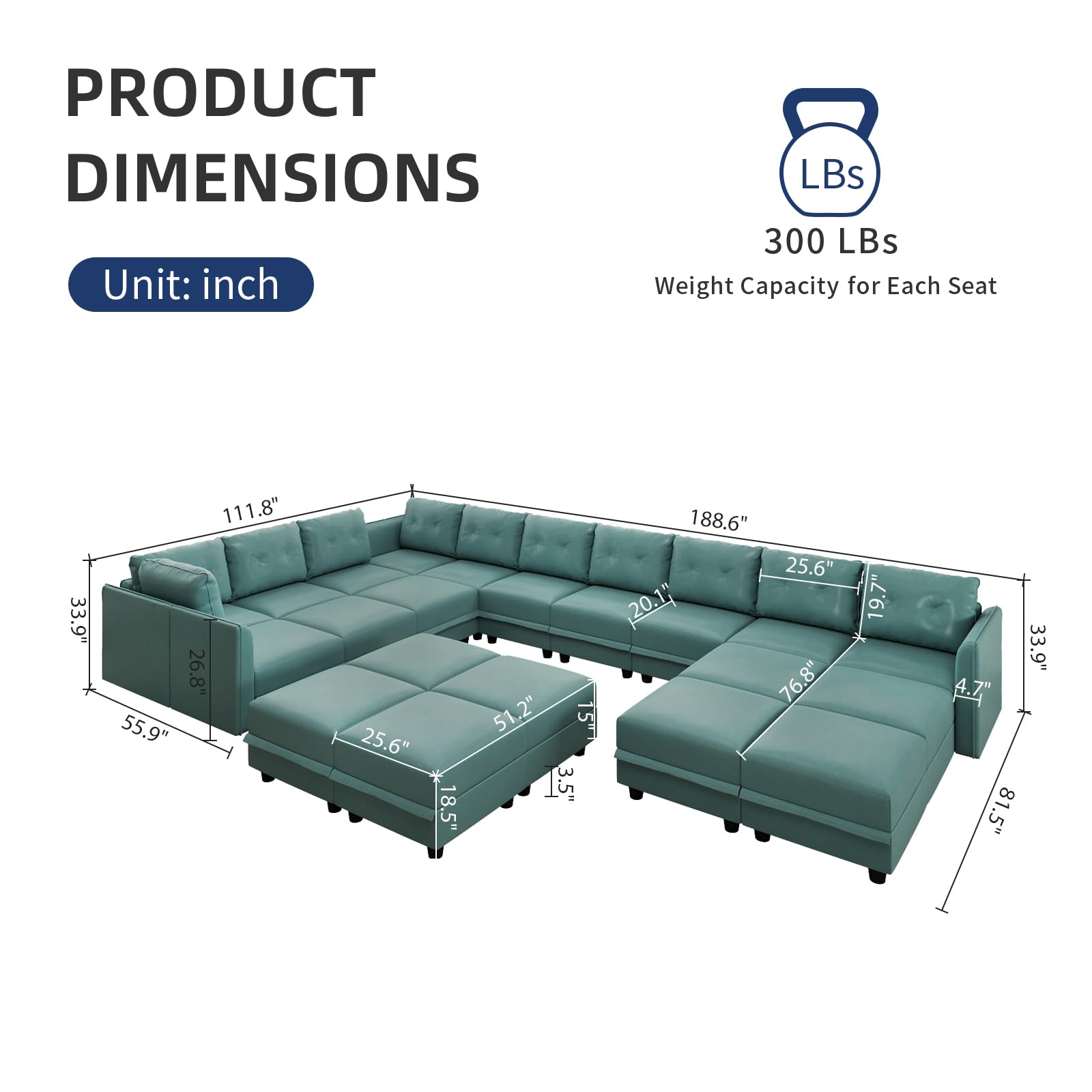 LLappuil Oversized Modular Sofa 21 Seater Sectional Couch with Storage, Large Faux Leather Fabric Waterproof U Shaped Sectional Couch for Living Room, Aqua Blue
