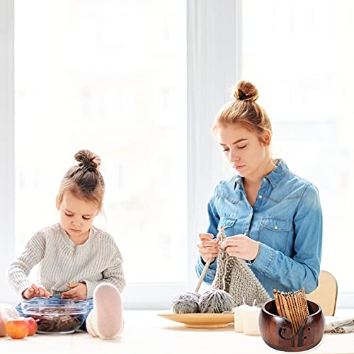 Wood Yarn Storage Bowl, Yarn Bowl for Crocheting with 12 Pieces Bamboo Crochet Hooks, 3.2βx 5.3β, Wooden Yarn Ball Holder for Crocheting Knitting DIY Crafts Tools