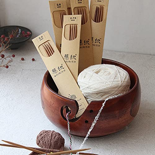 Wood Yarn Storage Bowl, Yarn Bowl for Crocheting with 12 Pieces Bamboo Crochet Hooks, 3.2βx 5.3β, Wooden Yarn Ball Holder for Crocheting Knitting DIY Crafts Tools