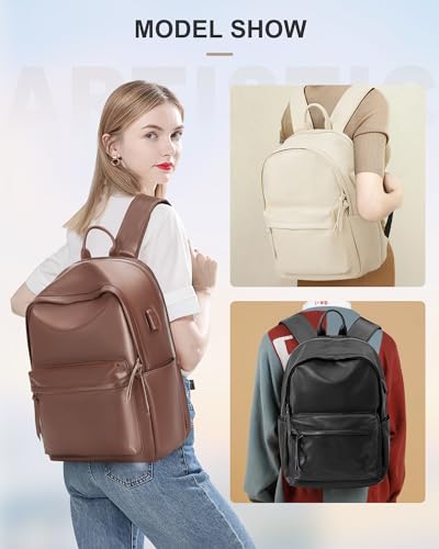 Laptop Backpack Women, Faux Leather Work Travel Backpack for Men with USB Port, Waterproof Fashion Casual Daypack for Business University, Large Capacity Carry On Backpack for Airplanes, Black