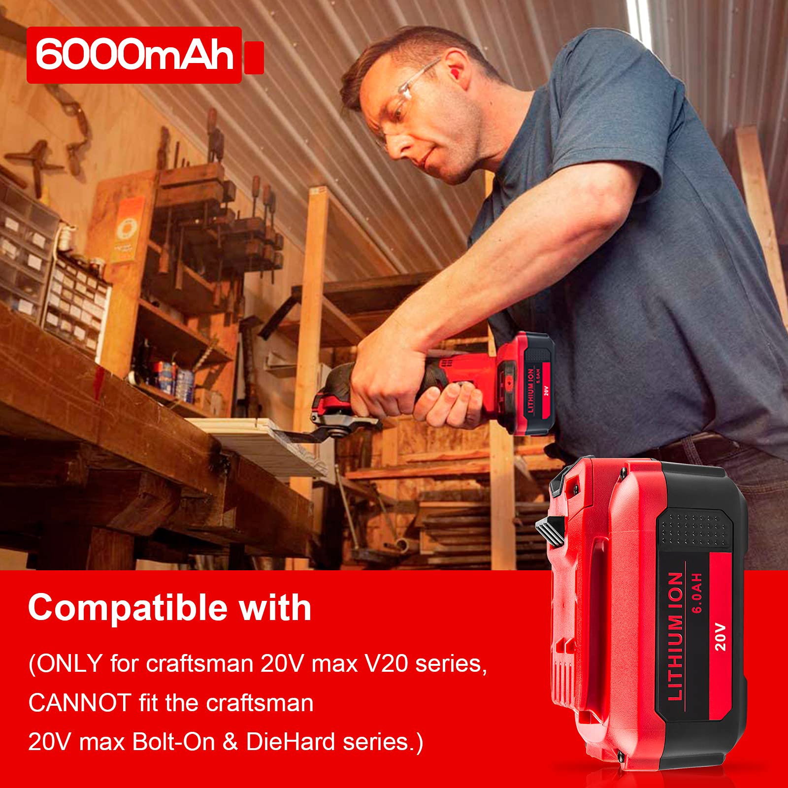 ARyee 6000mAh 20V Battery Replacement for Craftsman 20V Lithium Battery CMCB204 CMCB202 CMCB201,fits Craftsman V20 Series 20V Max Cordless Power Tools (1)