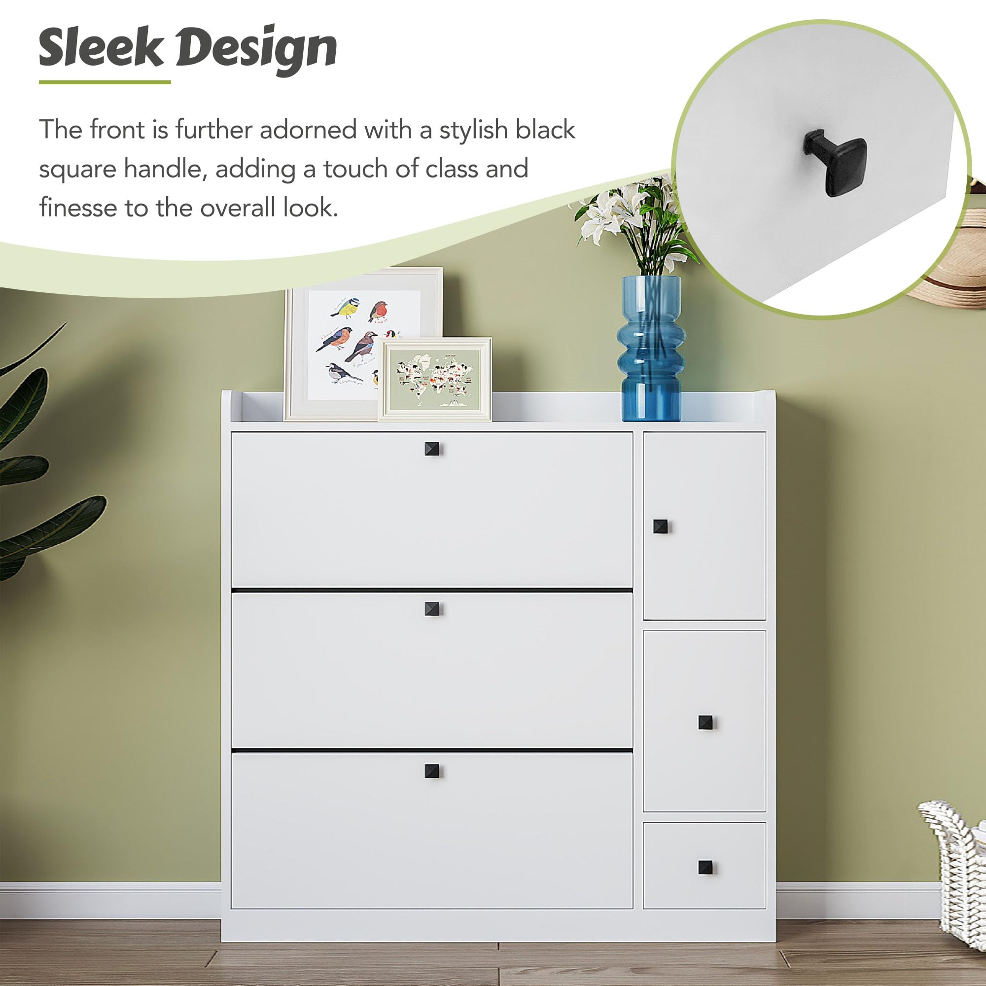 Kootlena Shoe Rack, Shoe Cabinet for Entryway, Slim Shoe Storage Cabinet Organizer, Hidden Shoe Dresser with 3 Flip Drawers Pull-Down Seat for Hallway Bedroom Free Standing (Black B)