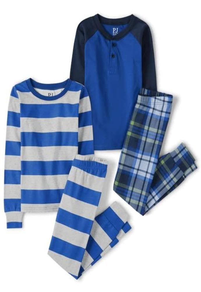The Children's Place Boys Long Sleeve Top And Pants Snug Fit 100% Cotton 4 Piece Pajama Set, Essential Blue 2 Pack, 8 US