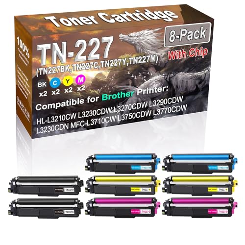 8-Pack (2BK/2C/2Y/2M) Compatible High Yield TN227 (TN-227BK TN-227C TN-227Y TN-227M) (With Chip) Printer Toner Cartridge use for HL-L3210CW L3230CDW L3270CDW L3290CDW L3230CDN MFC-L3710CW Printers