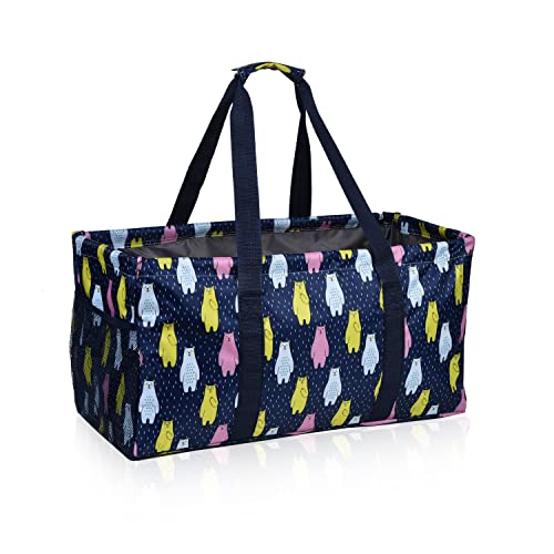 Extra Large Utility Tote Bag Beach Bag Reusable Grocery Bags Collapsible Tote with Wire Frame for Groceries Storage Picnic Blue bear