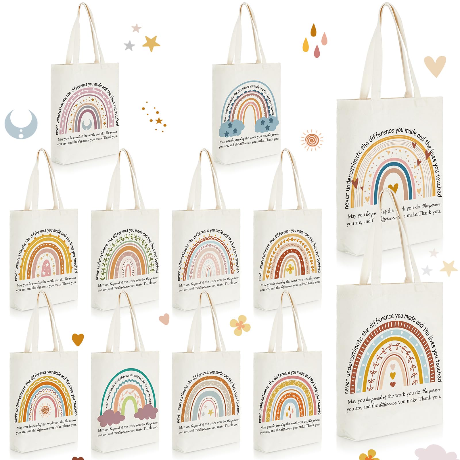 Pinkunn Thank You Gifts Canvas Tote Bag for Coworker Inspirational Appreciation Motivational Quotes for Women Employee Teacher (Rainbow Style,12 Pcs)