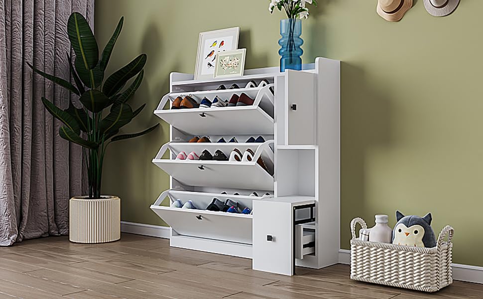 Kootlena Shoe Rack, Shoe Cabinet for Entryway, Slim Shoe Storage Cabinet Organizer, Hidden Shoe Dresser with 3 Flip Drawers Pull-Down Seat for Hallway Bedroom Free Standing (Black B)
