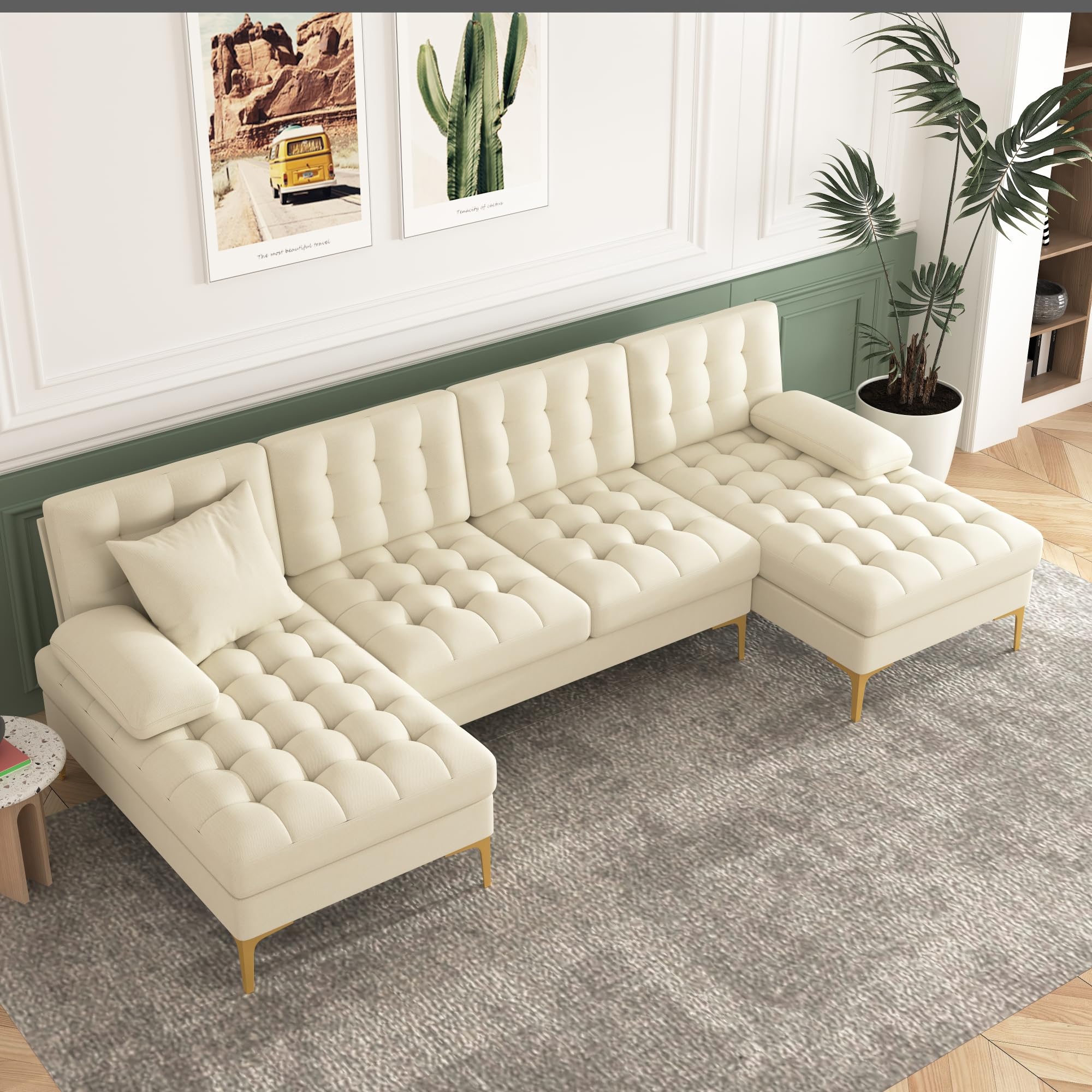 VERYKE U Shape Sectional Sofa Couch,Modern 110'' Linen Button Tufted Sectional Couch Sofa, Upholstered Sofa Bed with Metal Legs for Living Room