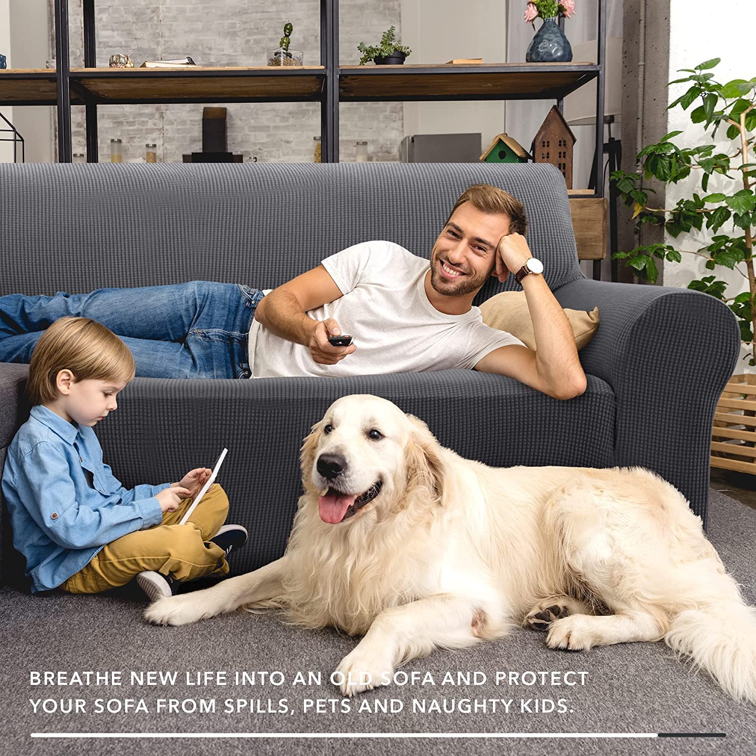 ZNSAYOTX Super Stretch Couch Cover (72"-92") Universal Sofa Covers with Elastic Bottom, Dog Cat Pets Friendly Washable Furniture Protector Fitted Sofa Slipcovers Stay in Place (Dark Grey, Sofa)