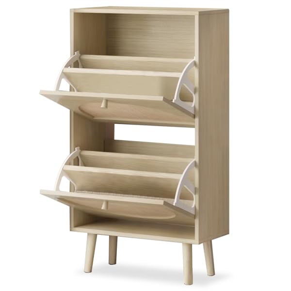 Wekity 2 Drawers Shoe Cabinet Rattan Shoe Rack Shoe Storage Cupboard Organizer Unit (Log Color)
