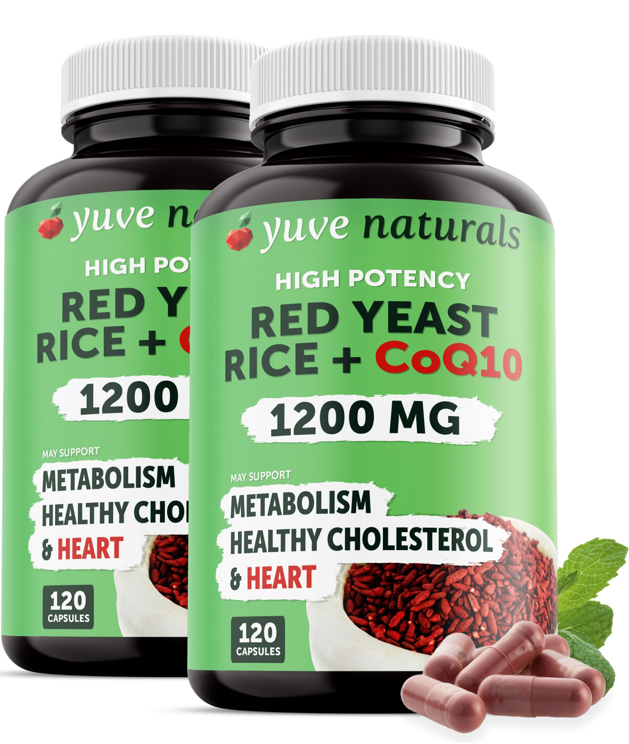 Red Yeast Rice 1200 mg Capsules with CoQ10 - Maintain Healthy Cholesterol Levels, Herbal Heart Health Vegan Red Yeast Rice Supplement - Red Rice Yeast with CoQ10 for Women & Men - 120 Ct (2-Pack)