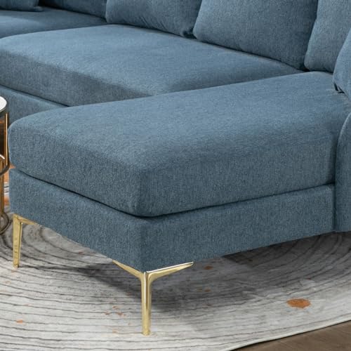 110" W Convertible Sectional Sofa with Reversible Chaise Lounge and Activity Ottoman, Polyester Blend U-Shape Modular Sectional Couch, 4-Seat Upholstered Sofa Couch for Living Room Apartment, Blue