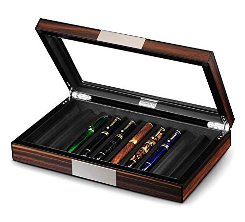 Lifomenz Co Wood Pen Display Box 10 Pen Organizer Box,Glass Pen Display Case Storage Box with Lid,Top Glass Window Pen Collection Display Case