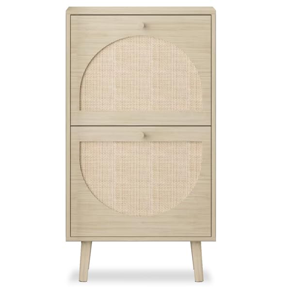 Wekity 2 Drawers Shoe Cabinet Rattan Shoe Rack Shoe Storage Cupboard Organizer Unit (Log Color)