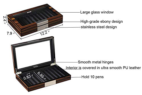 Lifomenz Co Wood Pen Display Box 10 Pen Organizer Box,Glass Pen Display Case Storage Box with Lid,Top Glass Window Pen Collection Display Case