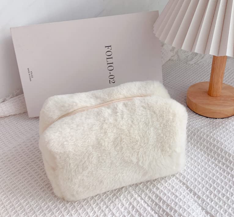 REFRASE LIFE Cute Pencil Case, Furry Pencil Pouch, Small Plush Makeup Bag in Macaron Colors, Cosmetic Travel Zipper Bag, Multi-function Purse, Aesthetic School Stationary, Study Supplies (White)