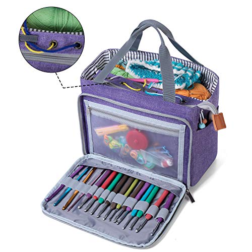 Luxja Crochet Tote Bag, Yarn Storage Bag for Small Unfinished Projects, Crochet Hooks and Other Accessories, Purple