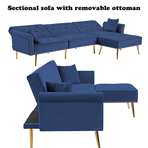 Lin-Utrend U Shape Sectional Sofa, 110” Modern Chenille Fabric Modular Couch,Extra Wide Sofa with Reversible Chaise Lounge and Golden Legs, 4 Seat Sectional Couch for Living Room (L-Shaped Blue)