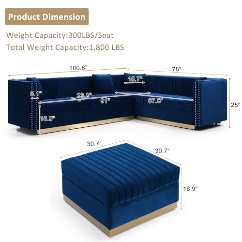 GNIXUU Convertible 6 Seater U Shaped Corner Sofa, L Shaped Sectional Couch Set with Ottoman, 2 Pieces 3 Seat Velvet Couches for Living Room, Large Space, Blue