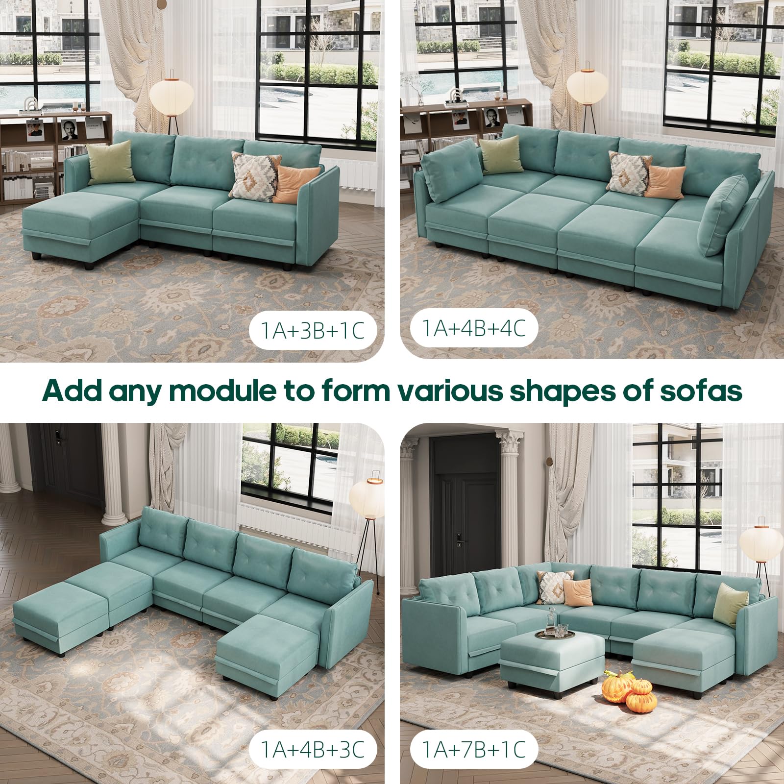 LLappuil Oversized Modular Sofa 21 Seater Sectional Couch with Storage, Large Faux Leather Fabric Waterproof U Shaped Sectional Couch for Living Room, Aqua Blue