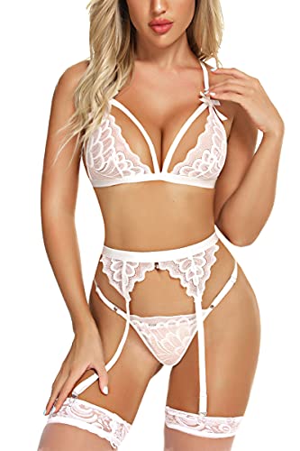Aranmei Sexy Lingerie Set for Women, 4-Piece, Lace Bra and Panty, Garter Belts and Stocking Sets, Stockings Included White Small