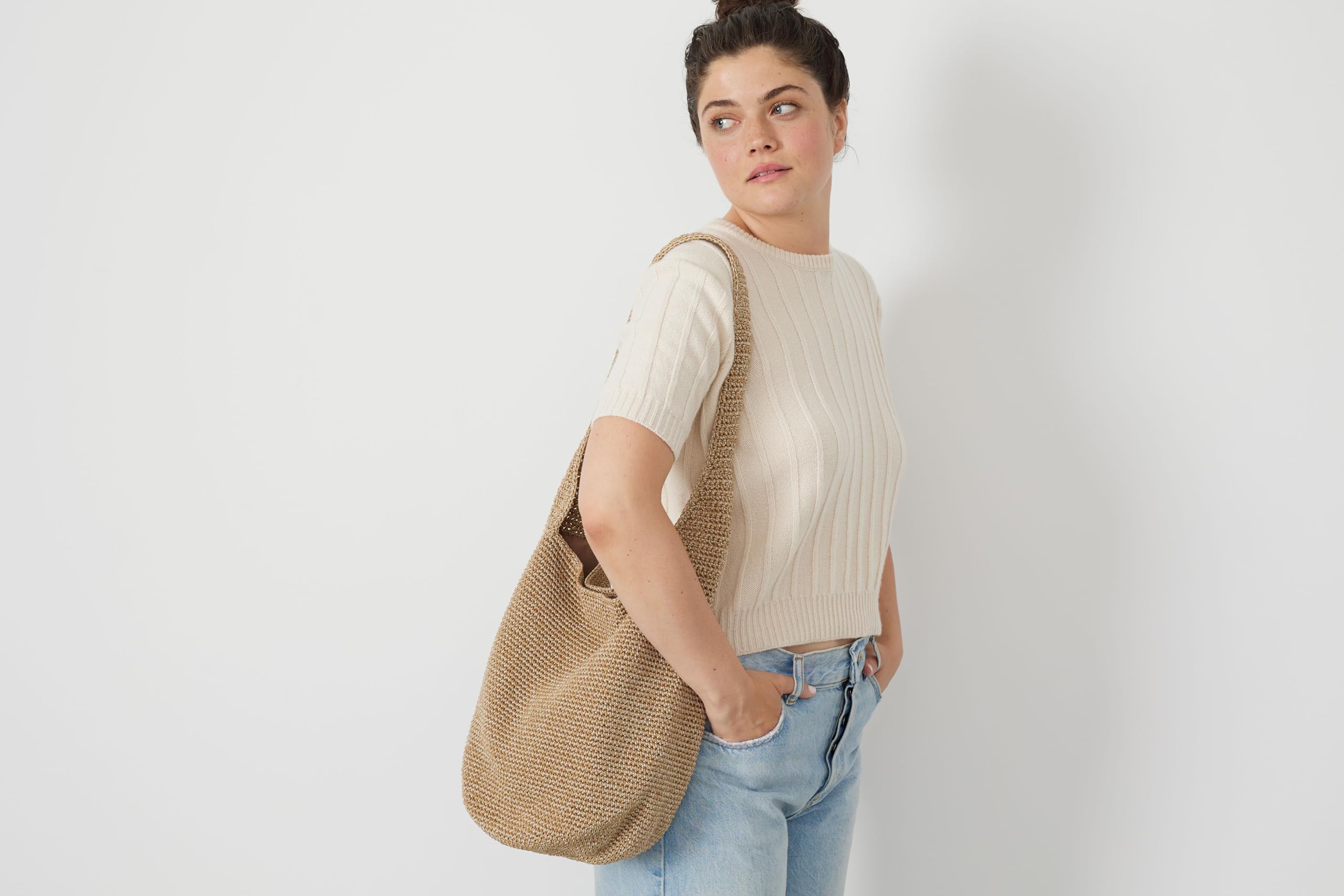 The Sak 120 Hobo Bag in Crochet, Large Purse with Single Shoulder Strap, Mushroom