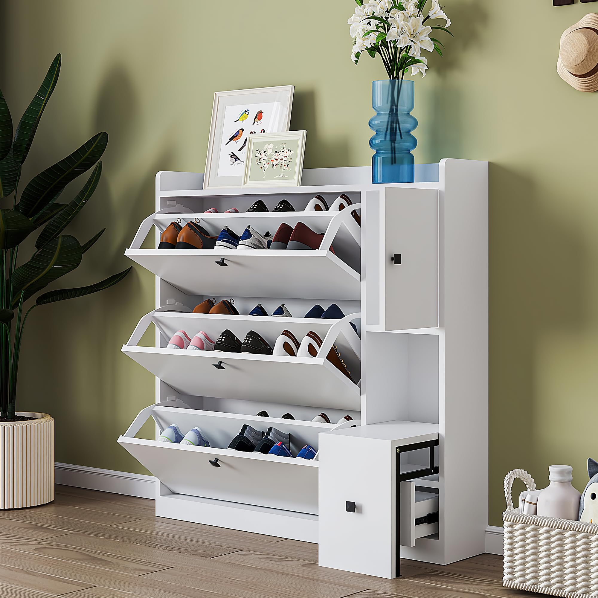 Kootlena Shoe Rack, Shoe Cabinet for Entryway, Slim Shoe Storage Cabinet Organizer, Hidden Shoe Dresser with 3 Flip Drawers Pull-Down Seat for Hallway Bedroom Free Standing (Black B)