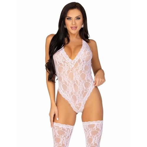 Leg Avenue womens Leg Avenue 2-piece Floral Lace Deep-v Neck Teddy and Matching Thigh Highs, One Size, Black adult exotic hosiery, White, One Size US