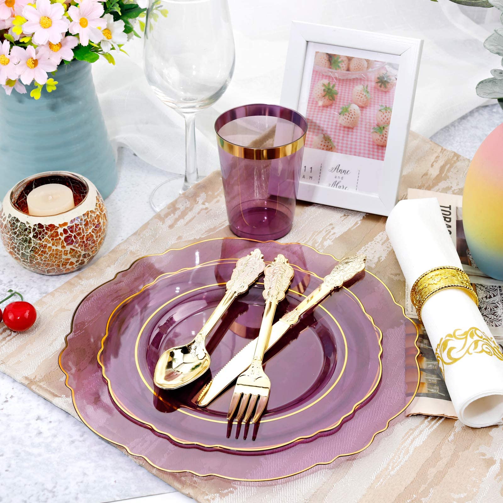 KIRE 210Pcs Purple Plastic Plates with Gold Rim& Silverware &Cups&Hand Napkin- Mardi Gras Plates - Baroque Clear Plastic Dinnerware for Upscale Wedding, Parties, Mothers Day, Easter