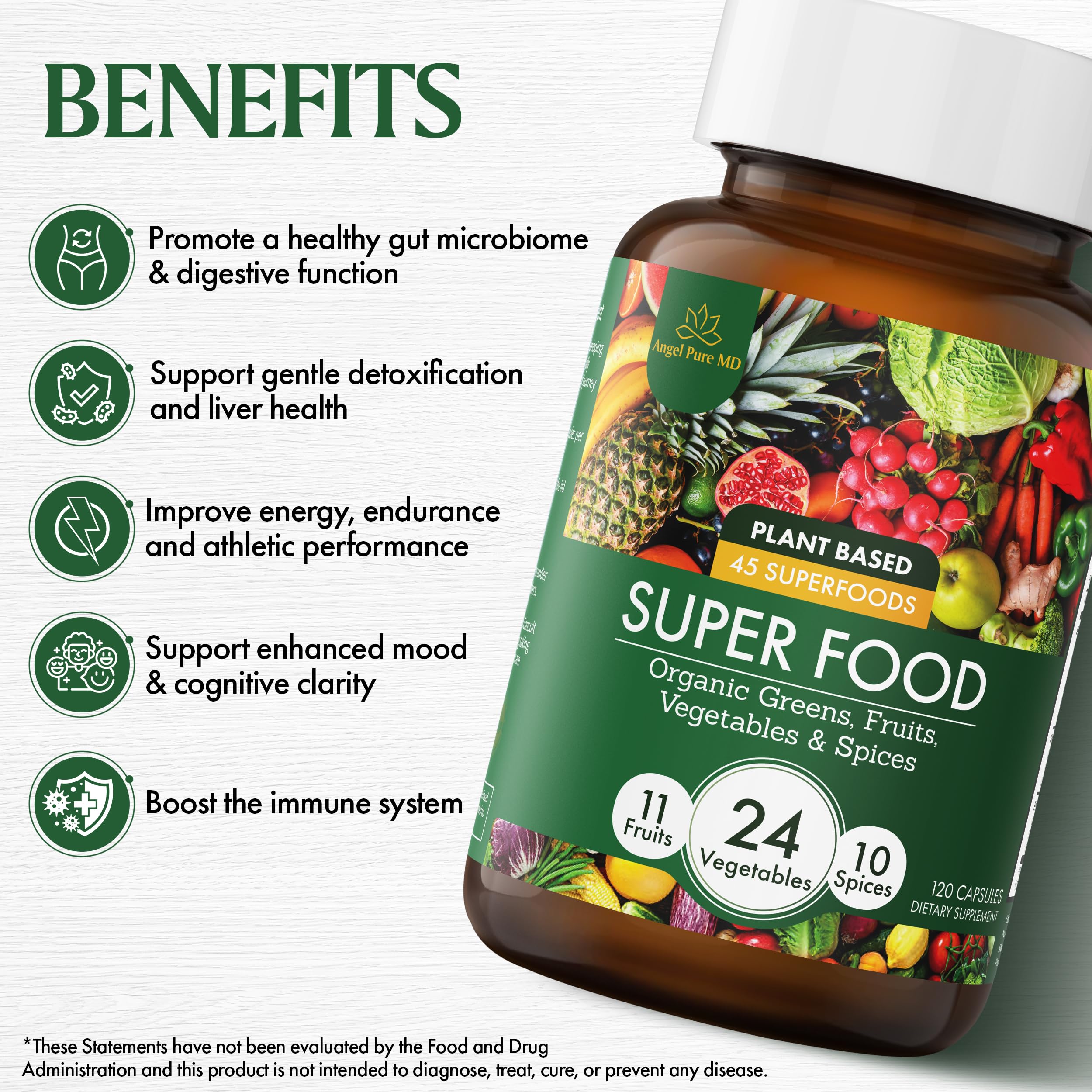 Angel Pure MD Superfood Greens Fruit and Veggies Supplement - USDA Organic Super Greens & Super Reds Vegetable Supplements for Adults - Cruciferous Vegetables Supplement for Immunity & Gut Health