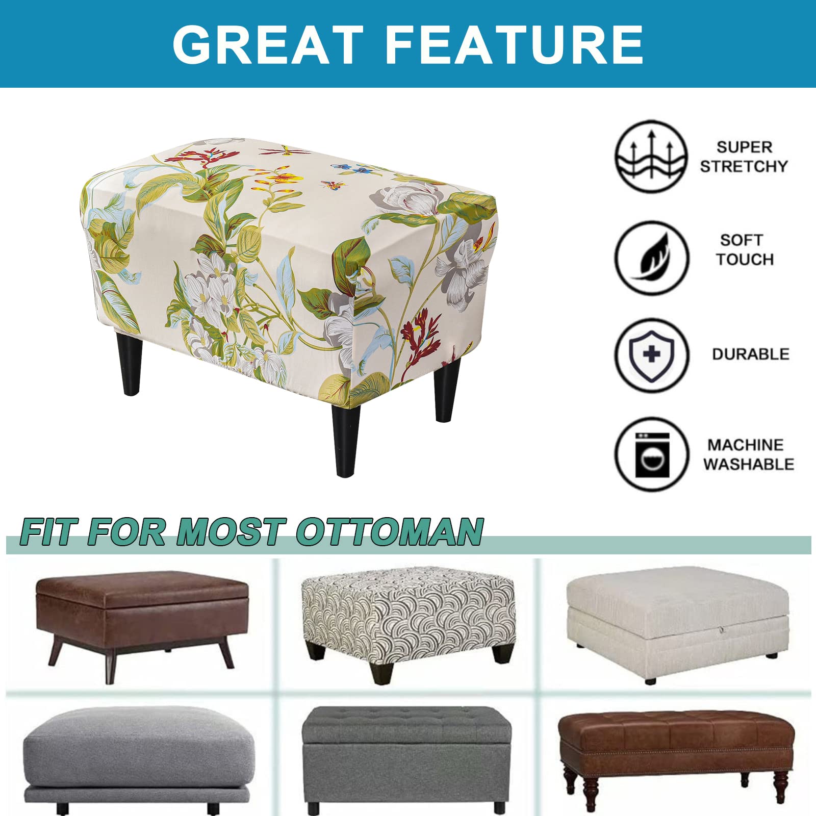 CRFATOP Ottoman Chair Cover X-Large Ottoman Chair Slipcovers Printed Rectangle Storage Stool Cover Stretch Footstool Footrest Sofa Slipcovers with Elastic Bottom,30