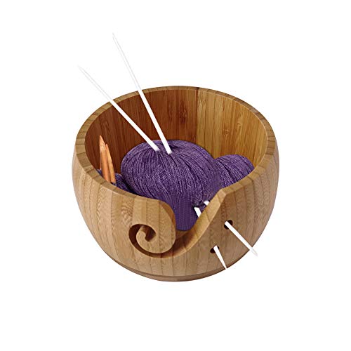 SYCOOVEN with Lid Yarn Storage Wooden Yarn Bowl Organizer, Knitting Wool Storage Basket Round with Holes, Handmade Craft Crochet Kit Organizer Perfect for Mother's Gift(Bamboo)