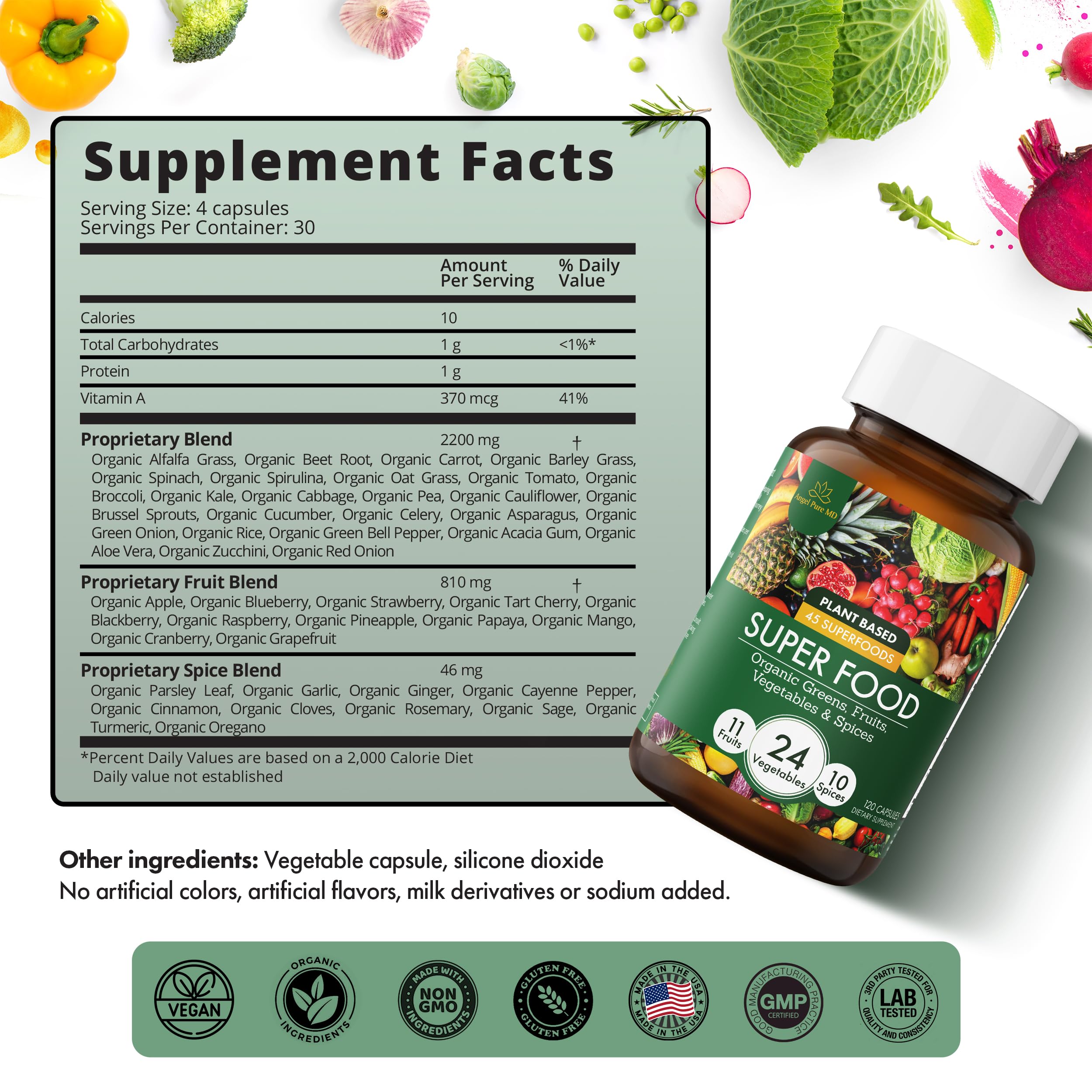 Angel Pure MD Superfood Greens Fruit and Veggies Supplement - USDA Organic Super Greens & Super Reds Vegetable Supplements for Adults - Cruciferous Vegetables Supplement for Immunity & Gut Health