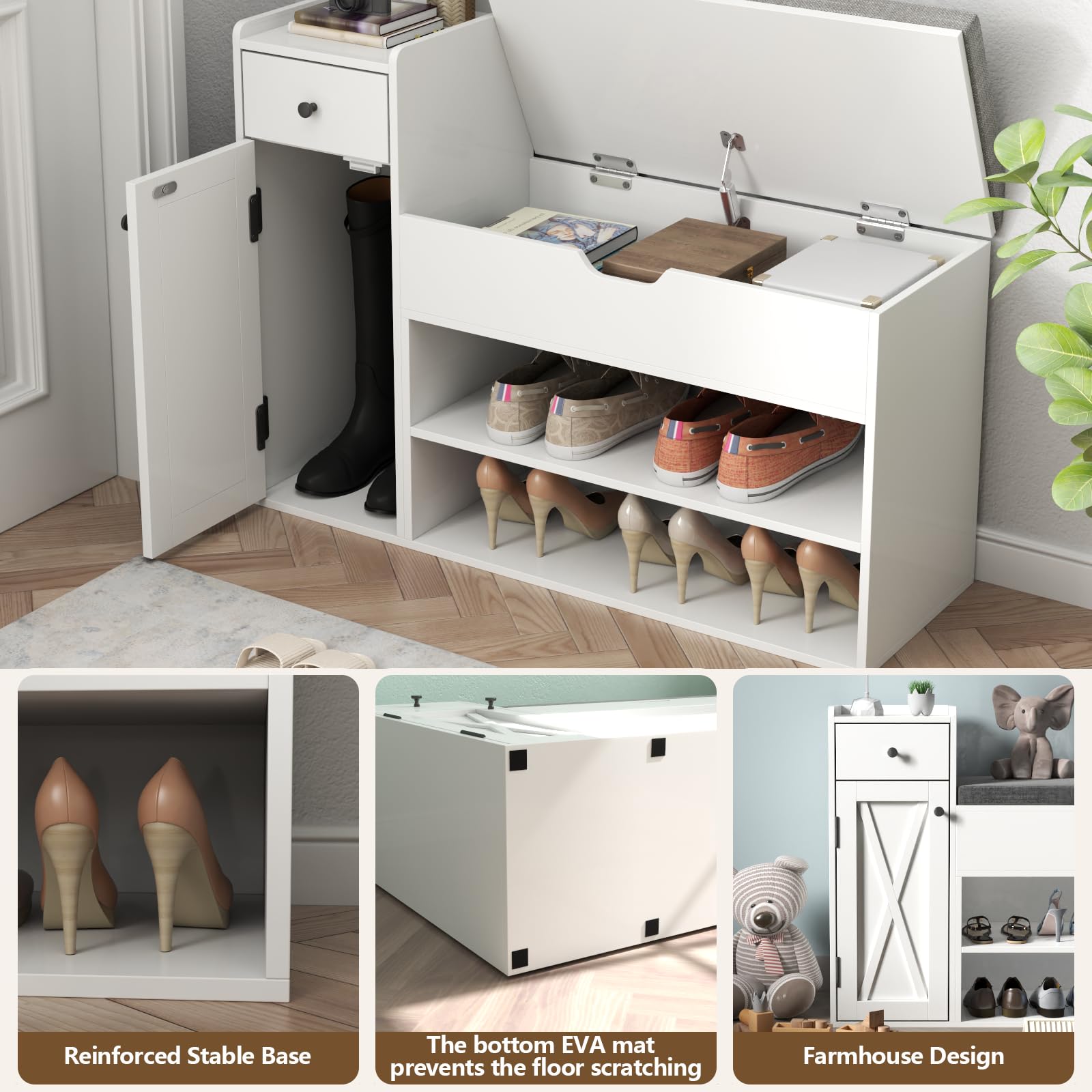 Loomie Shoe Storage Bench, 2-Tier Farmhouse Entryway Bench with Lift Top Storage Box, Drawer & Soft Removable Seat Cushion, Silm Shoe Rack with Shoe Cabinet for Entryway, Hallway, Bedroom, White
