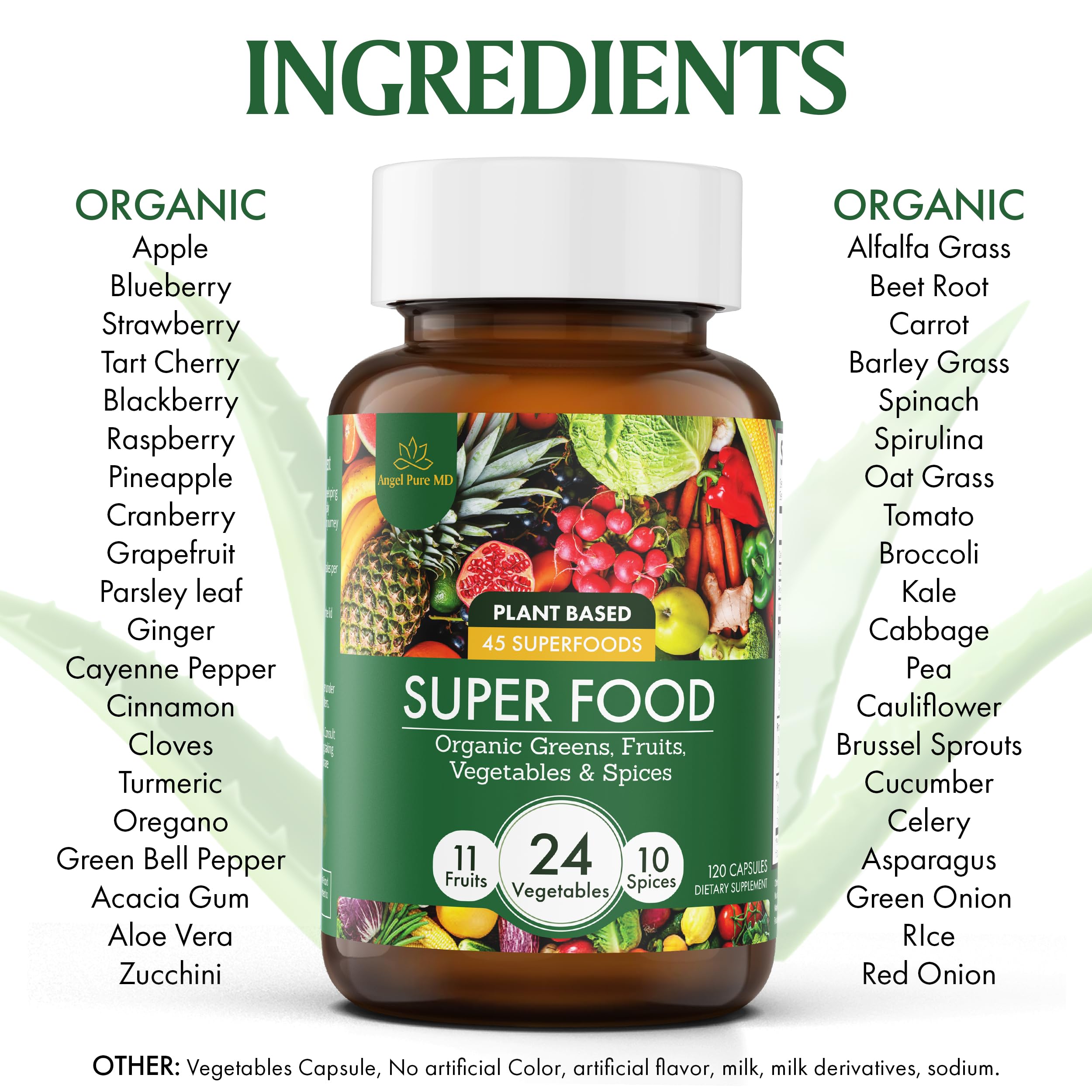 Angel Pure MD Superfood Greens Fruit and Veggies Supplement - USDA Organic Super Greens & Super Reds Vegetable Supplements for Adults - Cruciferous Vegetables Supplement for Immunity & Gut Health