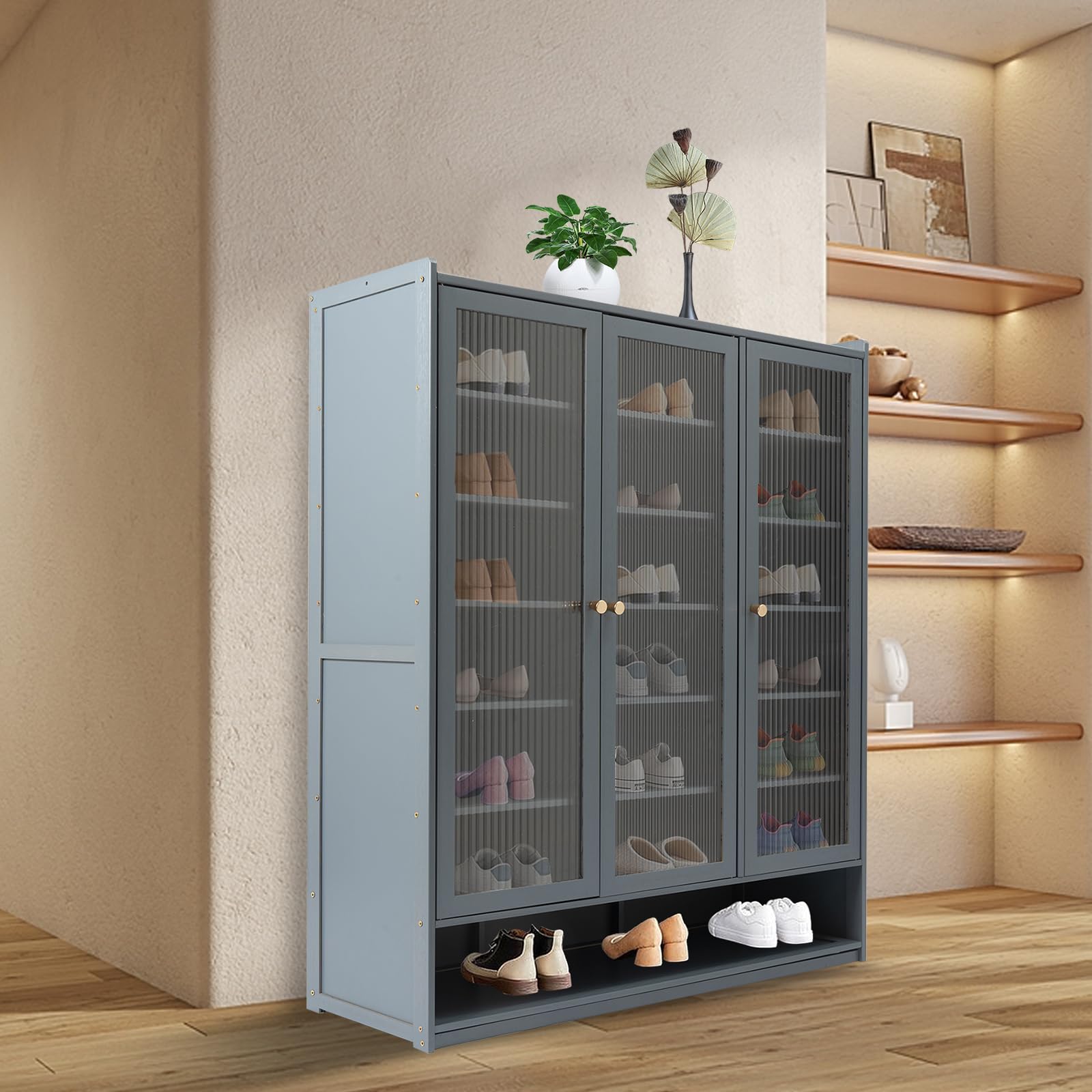 HaoYunNe 8 Tier Shoe Cabinet Entryway Shoe Rack Shelf with Doors Wooden Freestanding Shoe Organizer for Hallway Patio Living Room Bedroom Office,35.8x12.6x42.1 in, Loading 33 lbs per Layer