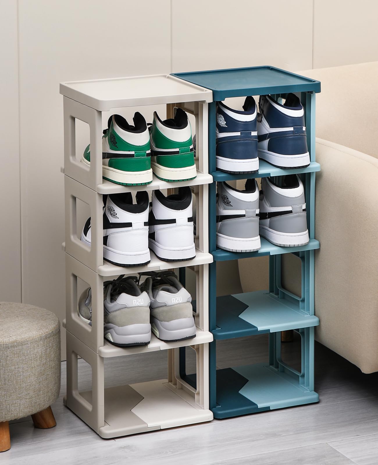 HAIXIN Shoe Rack Organizer, 5 Tier Collapsible Shoe Storage Cabinet Entryway, Sneaker Rack for Men, Sturdy Wide Shoe Stand, Free Standing Shoe Racks for Bedroom, Closet, Garage(Dark & Light Blue)