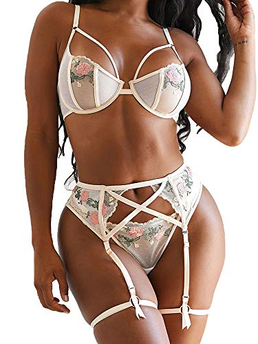 Women's Floral Embroidered Garter Stockings Sexy Lingerie Set with Garter Belts Strap Bra and Panty Lingerie Set White 3X-Large