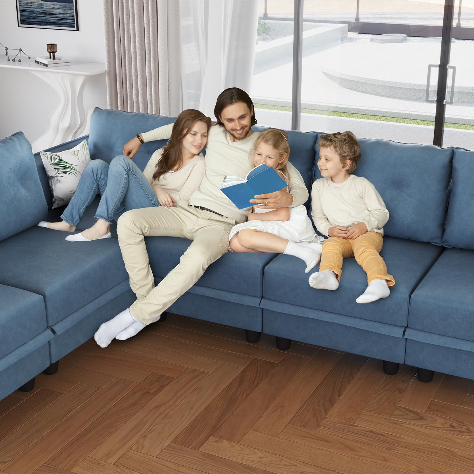 LLappuil Modular Sectional Sofa, Convertible U Shaped Couch with Storage, Faux Leather Fabric Waterproof Sectional Couch for Living Room, 86.2" Width, 5 Seat Modular Sofa, Navy Blue