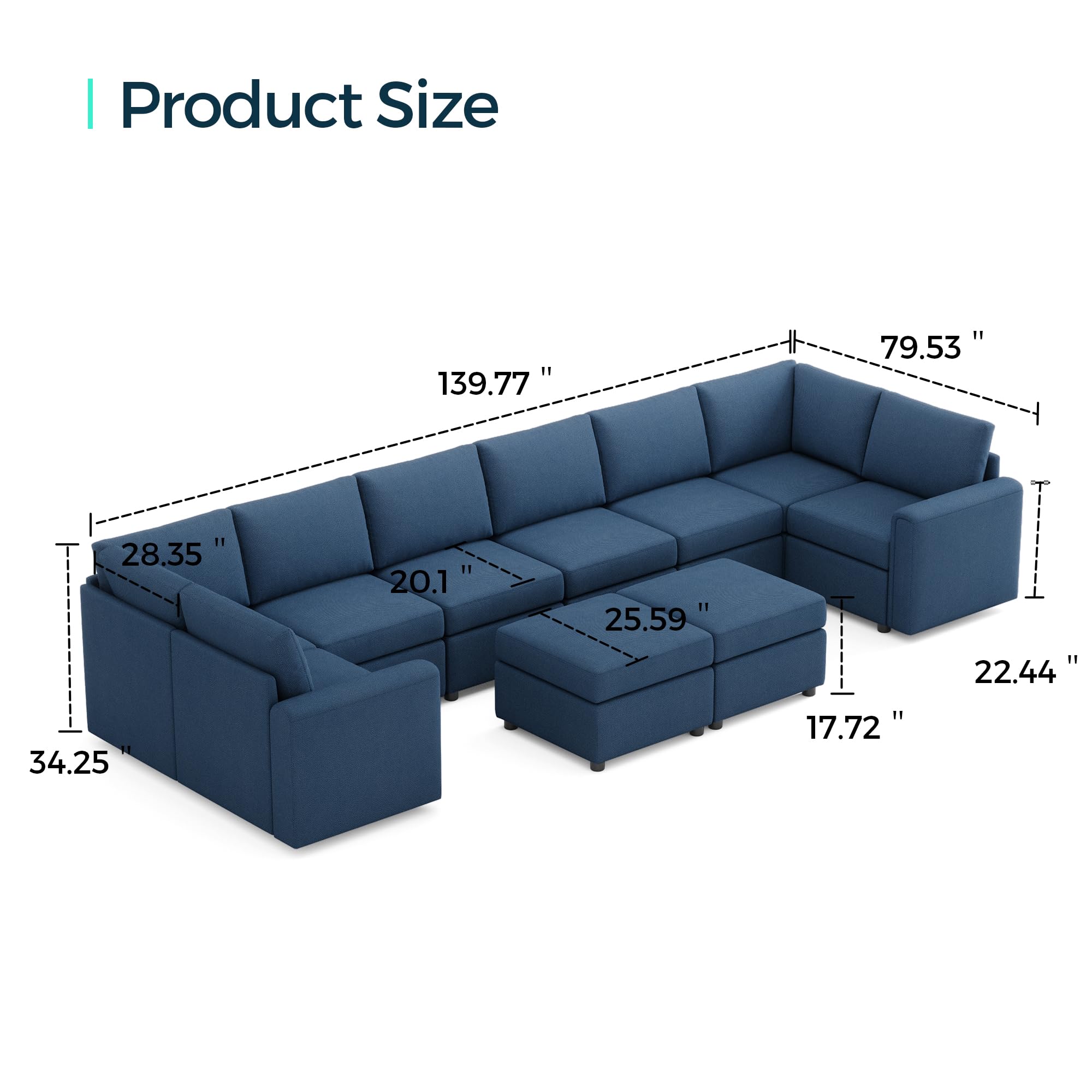 LINSY HOME Oversized Modular Sectional Sofa, Convertible Sectional Sofa Couch with Memory Foam and Storage, Sofa Covers Removable and Changeable, 10 Seat Large Sofa Set, Blue